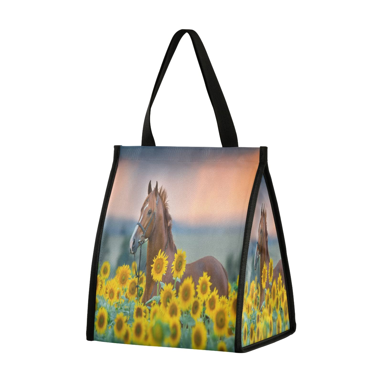 Reusable Lunch Bag Horse Sunflowers Insulated Lunch Box Lunch Tote with Aluminum Foil, Handbag for Office School Kids Teen