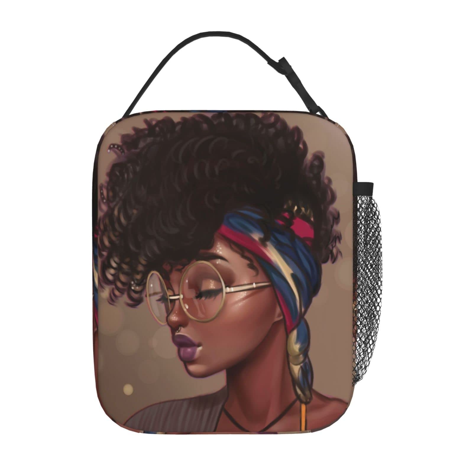 Abucaky African American Girl Portable Lunch Bag Insulated Meal Bag Reusable Lunch Box Black Woman Cooler Bag Food Container For School Work Travel Picnic Camping