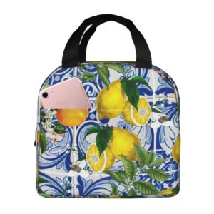 larklitz mediterranean lemon on blue ceramic tiles reusable insulated lunch bag for women and men, 8.5"x8"x5"/22x20x13 cm, polyester