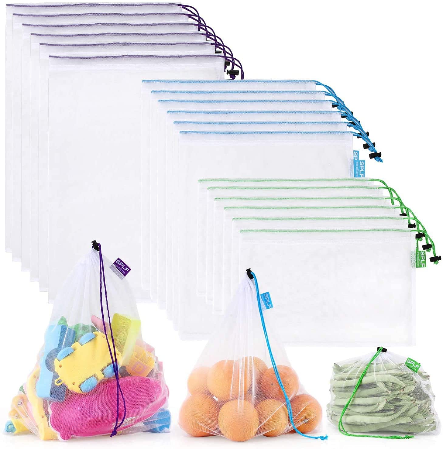 SPLF 18 Pcs Heavy Duty Reusable Mesh Produce Bags, Barcode Scanable See Through Food Safe Mesh Bags with Drawstring for Fruits, Vegetable, Food, Toys, Grocery Storage