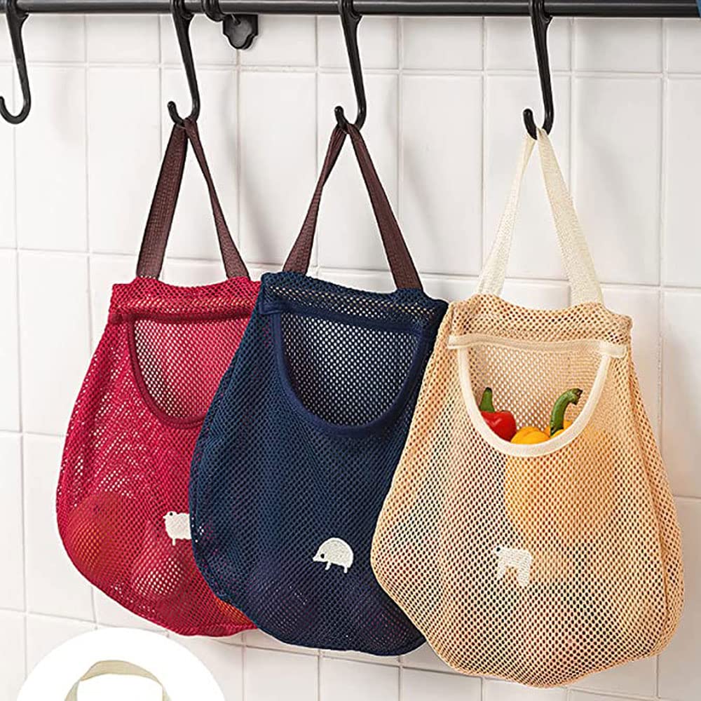 Mcles 3 Pack Portable Reusable Grocery Bags, Fruit Vegetable Bag, Washable Cotton Mesh String Organic Organizer Shopping Handbag, Long Handle Net Tote, Grocery Breathable Bag for Home Kitchen