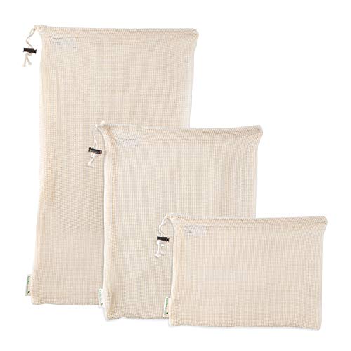 Kitchen Details 3 Pack Reusable Cotton Mesh Produce Bags | Green Living | Fruit and Vegetable Bags & Organizers | Good for Grocery Shopping | Natural Beige