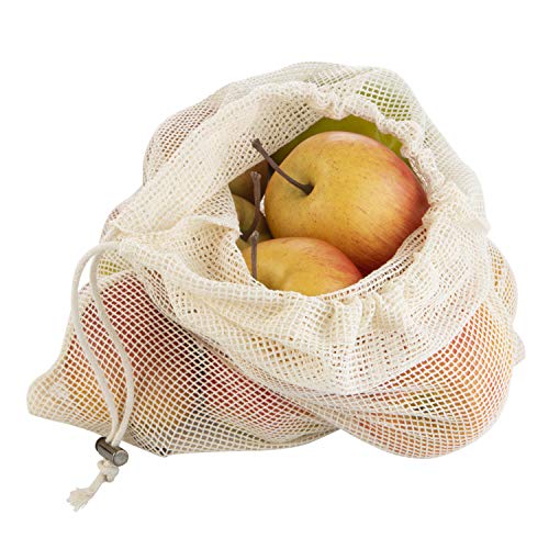 Kitchen Details 3 Pack Reusable Cotton Mesh Produce Bags | Green Living | Fruit and Vegetable Bags & Organizers | Good for Grocery Shopping | Natural Beige