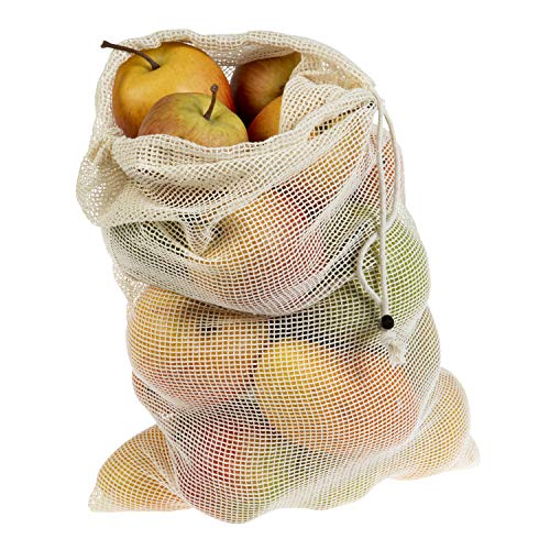 Kitchen Details 3 Pack Reusable Cotton Mesh Produce Bags | Green Living | Fruit and Vegetable Bags & Organizers | Good for Grocery Shopping | Natural Beige