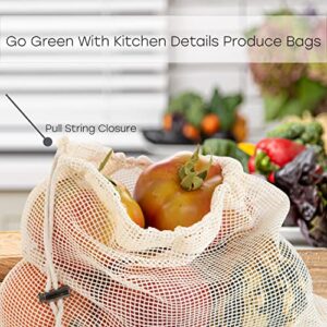 Kitchen Details 3 Pack Reusable Cotton Mesh Produce Bags | Green Living | Fruit and Vegetable Bags & Organizers | Good for Grocery Shopping | Natural Beige