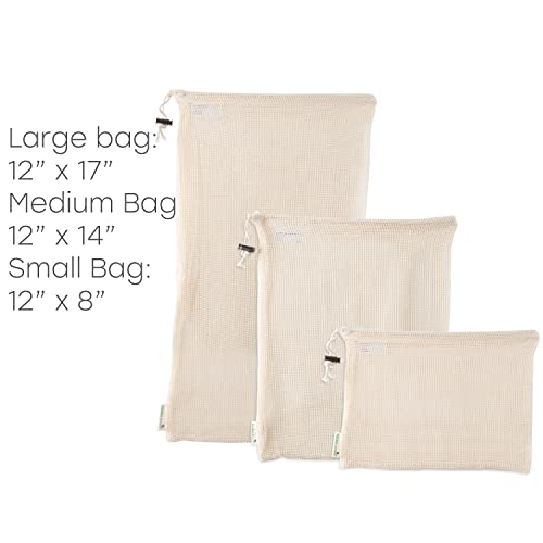 Kitchen Details 3 Pack Reusable Cotton Mesh Produce Bags | Green Living | Fruit and Vegetable Bags & Organizers | Good for Grocery Shopping | Natural Beige