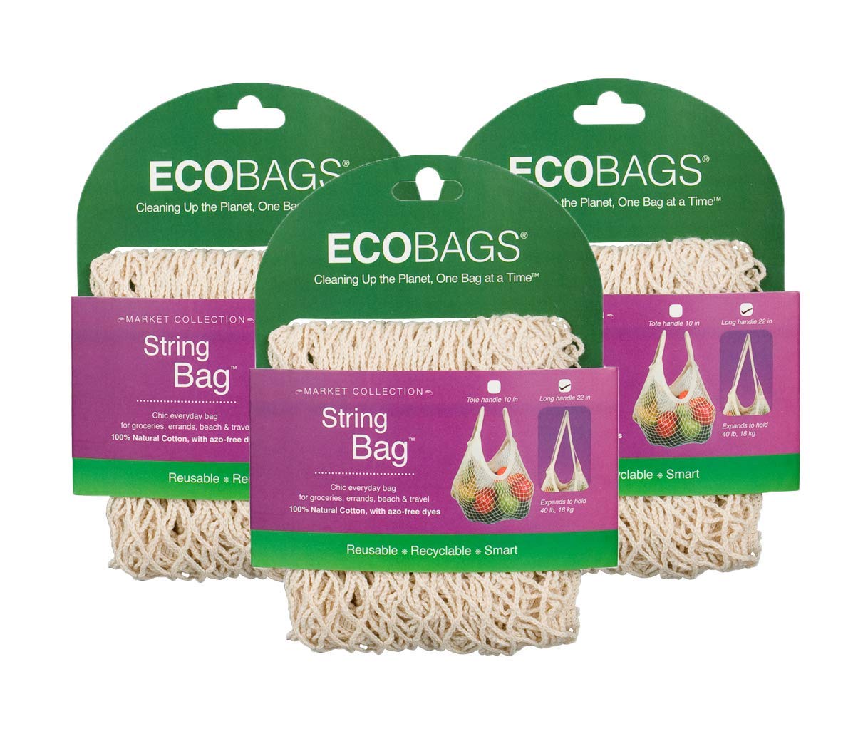 ECOBAGS Market Collection Reusable String Bag, Natural, Long Handle, Pack of 3