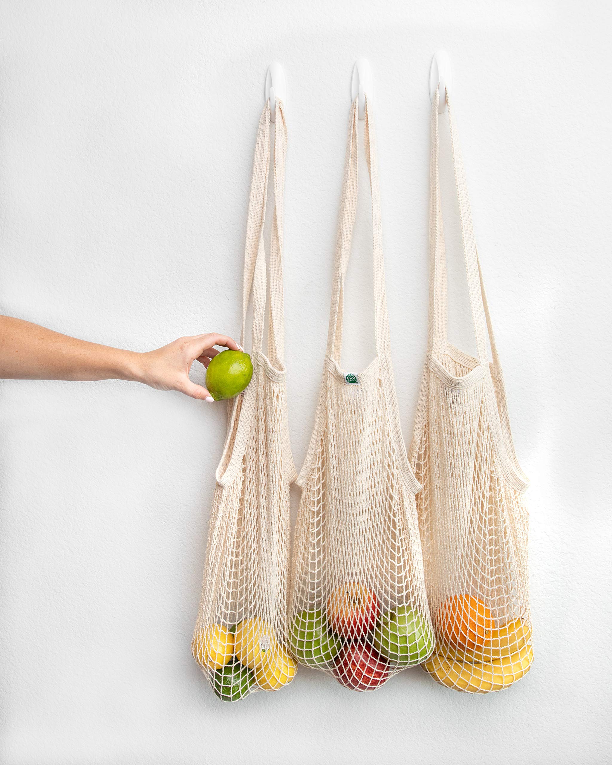 ECOBAGS Market Collection Reusable String Bag, Natural, Long Handle, Pack of 3