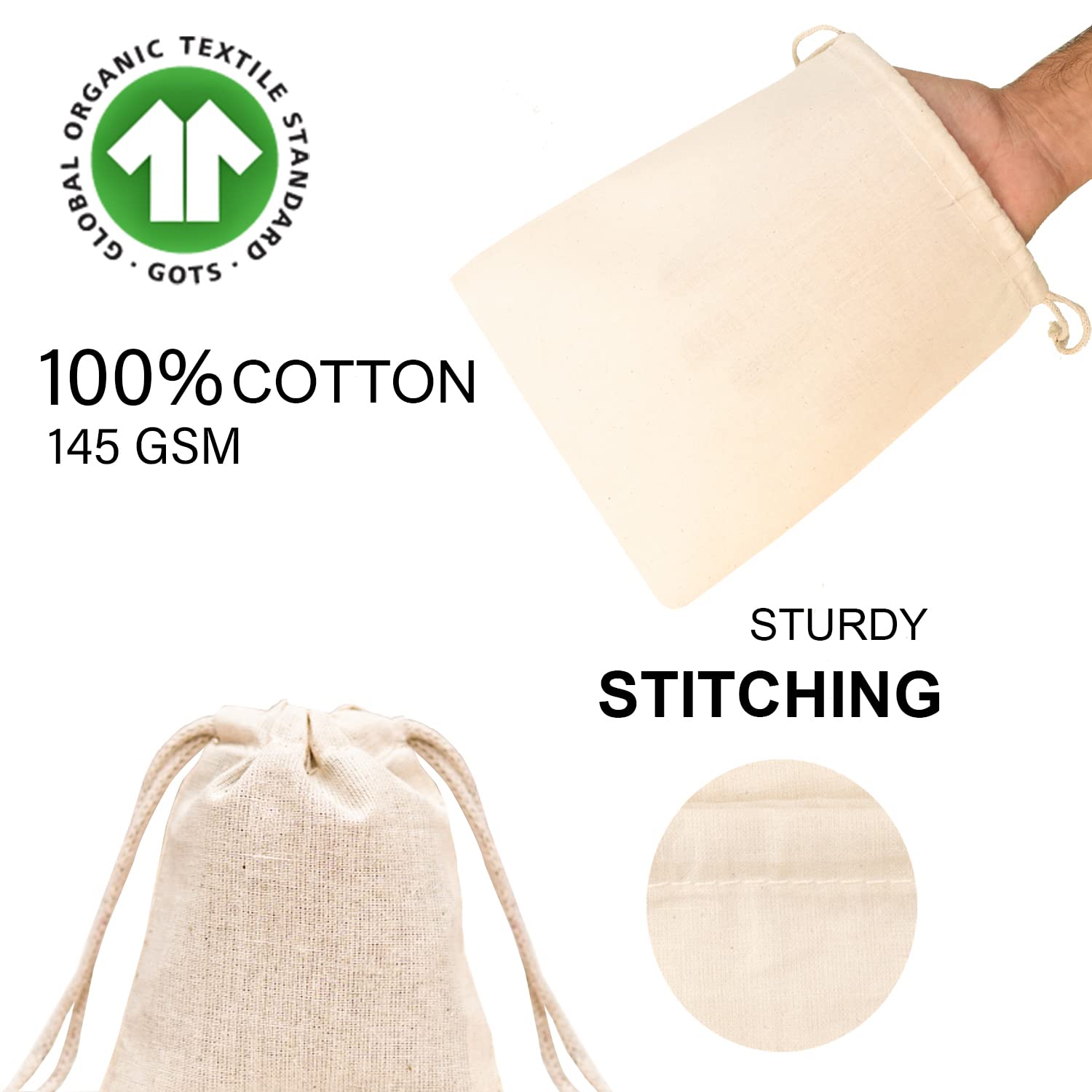 Eco Green Textiles 6x10 inches Organic Cotton Bags, Biodegradable and Reusable Premium Quality Muslin Drawstring Bags (Pack of 1)