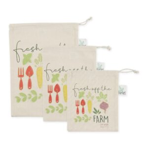 dii farmer's market collection machine washable, reusable kitchen, fabric produce bag set, fresh veggie print, 3 piece