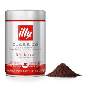 illy ground coffee espresso - 100% arabica coffee ground – classico medium roast - notes of caramel, orange blossom & jasmine - rich aromatic profile - precise roast - no preservatives – 8.8 ounce