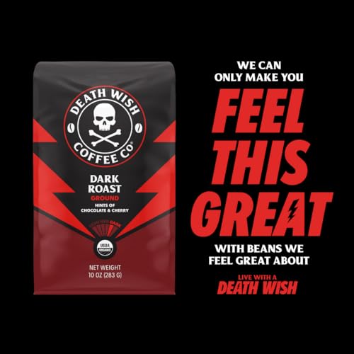 Death Wish Coffee Co., Organic and Fair Trade Dark Roast Ground Coffee, 16 oz