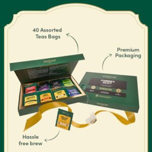 VAHDAM, Founder's Select - Assorted Tea Sampler Gift Set (8 Flavors, 40 Pyramid Tea Bags) Tea Variety Pack - Black Tea, Green Tea, Chai Tea, Herbal Tea | Tea Bags Variety Pack | Gifts for Women & Men