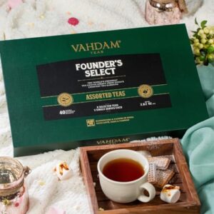 VAHDAM, Founder's Select - Assorted Tea Sampler Gift Set (8 Flavors, 40 Pyramid Tea Bags) Tea Variety Pack - Black Tea, Green Tea, Chai Tea, Herbal Tea | Tea Bags Variety Pack | Gifts for Women & Men