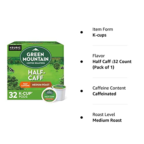 Green Mountain Coffee Roasters Half Caff, Single-Serve Keurig K-Cup Pods, Medium Roast Coffee Pods, 32 Count