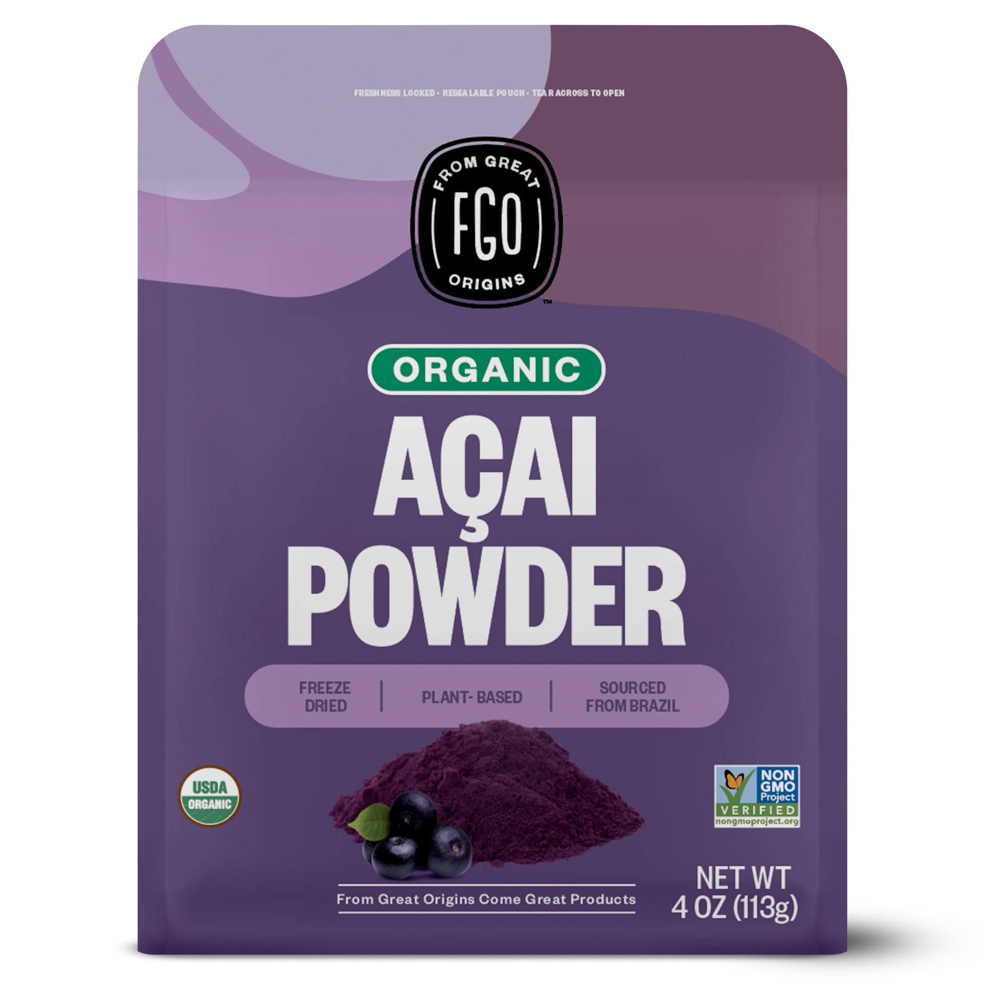 FGO Organic ACAI Powder (Freeze-Dried), 100% Raw Superfood Berry from Brazil, 4oz, Packaging May Vary (Pack of 1)