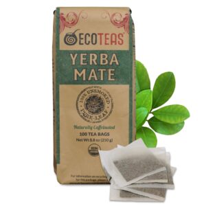 ecoteas - unsmoked yerba mate tea bags - detox and hi caf tea - organic - 100 tea bags, 8.8 oz