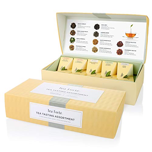 Tea Forte Assorted Classic Tea, Petite Presentation Box, Sampler Gift Set With Handcrafted Pyramid Infusers - Herbal, Black, Green, White, 10 Count (Pack of 1)