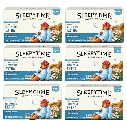 Celestial Seasonings Sleepytime Wellness Extra Tea, Caffeine Free, 20 Tea Bags Box, (Pack of 6)