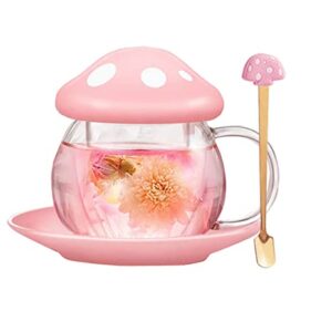 Rain House Cute Cups Mushroom Tea Cup with Tea Infuser and Spoon, Kawaii Mushroom Mugs, Glass Teacups with Ceramic Lid and Coaster, Mother's Day Gift Perfect for Girls Women for Home Office Use (Pink)