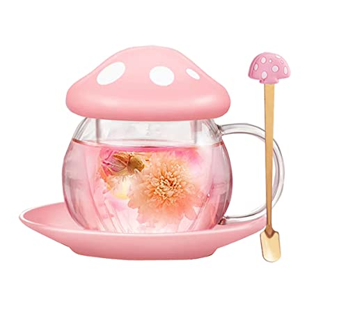 Rain House Cute Cups Mushroom Tea Cup with Tea Infuser and Spoon, Kawaii Mushroom Mugs, Glass Teacups with Ceramic Lid and Coaster, Mother's Day Gift Perfect for Girls Women for Home Office Use (Pink)