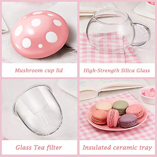 Rain House Cute Cups Mushroom Tea Cup with Tea Infuser and Spoon, Kawaii Mushroom Mugs, Glass Teacups with Ceramic Lid and Coaster, Mother's Day Gift Perfect for Girls Women for Home Office Use (Pink)