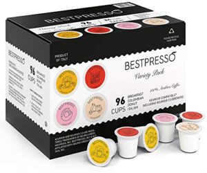 bestpresso coffee, variety pack single serve k-cup pods, 96 count. includes breakfast, colombian, donut and italian (compatible with 2.0 keurig brewers) 8 packs of 12 cups