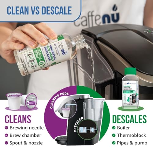 Keurig Descaling Solution and Cleaning Kit Compatible 1.0 & 2.0 K Cup Coffee Machines. 3 Month Supply. 2 uses per Bottle & 4 Keurig Cleaner Pods. Removes Limescale & Cleans Pod Area. Eco Friendly