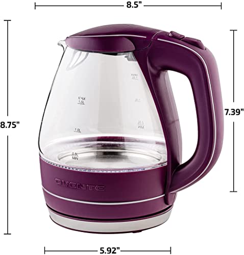 OVENTE Glass Electric Kettle Hot Water Boiler 1.5 Liter Borosilicate Glass Fast Boiling Countertop Heater - BPA Free Auto Shut Off Instant Water Heater Kettle for Coffee & Tea Maker - Purple KG83P