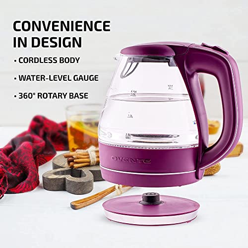 OVENTE Glass Electric Kettle Hot Water Boiler 1.5 Liter Borosilicate Glass Fast Boiling Countertop Heater - BPA Free Auto Shut Off Instant Water Heater Kettle for Coffee & Tea Maker - Purple KG83P