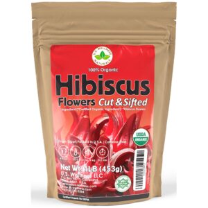 hibiscus tea 1lb (16oz) 100% certified organic hibiscus flowers herbal tea (cut&sifted), caffeine free tea (200+ cups) 1 lb. bulk resealable kraft bpa-free bag