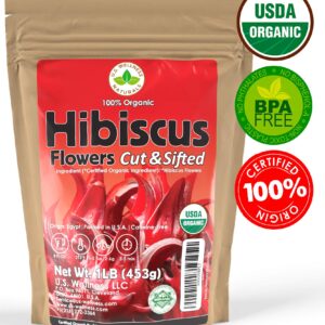 Hibiscus Tea 1LB (16Oz) 100% CERTIFIED Organic Hibiscus Flowers Herbal Tea (CUT&SIFTED), Caffeine Free Tea (200+ cups) 1 lb. Bulk Resealable Kraft BPA-Free Bag