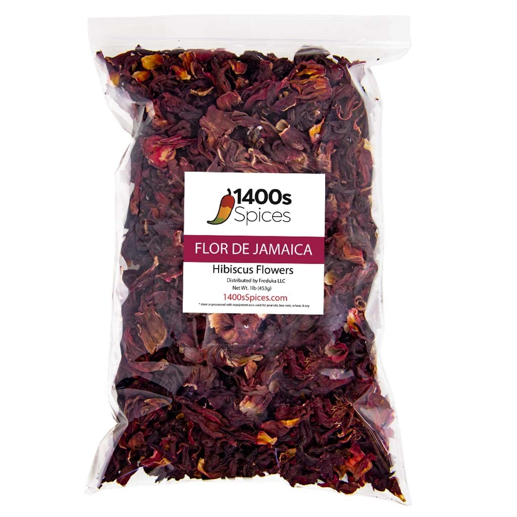 1lb Dried Hibiscus Flowers perfect for Tea and Mexican Agua Fresca, Flor de Jamaica, Whole Flowers and Petals by 1400s Spices