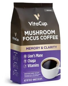 vitacup focus mushroom coffee grounds, with lions mane, chaga, b vitamins, d3, boost focus, immunity, memory & clarity, medium dark roast, bold & smooth 100% arabica specialty, 10 oz