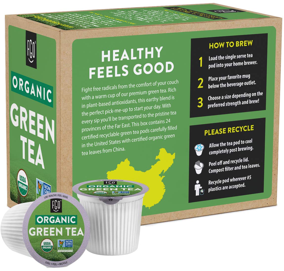 Organic Green Tea K-Cup Pods, 24 Pods by FGO - Keurig Compatible - Naturally Occurring Caffeine, Premium Green Tea is USDA Organic, Non-GMO, & Recyclable