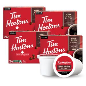 tim hortons dark roast coffee, single-serve k-cup pods compatible with keurig brewers, 96ct k-cups, red -24 count (pack of 4)