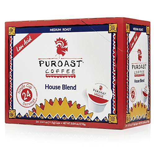 Puroast Low Acid Coffee Single-Serve Pods | House Blend | Medium Roast | Low Acid Certified | pH 5.5+ | Gut Health | Higher Antioxidants | Smooth | Compatible with Keurig 2.0 Coffee Makers (24 Count)