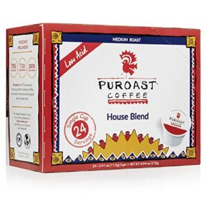 Puroast Low Acid Coffee Single-Serve Pods | House Blend | Medium Roast | Low Acid Certified | pH 5.5+ | Gut Health | Higher Antioxidants | Smooth | Compatible with Keurig 2.0 Coffee Makers (24 Count)