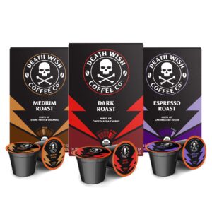 death wish coffee co., single serve coffee - extra kick of caffeine - 10 each of medium, dark, and espresso roast - mixed roast variety pack