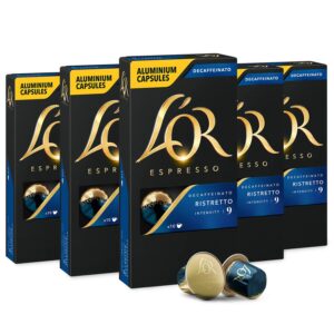 l'or decaf espresso capsules, 50 count decaf ristretto, single-serve aluminum coffee capsules compatible with the l'or barista system & nespresso original machines