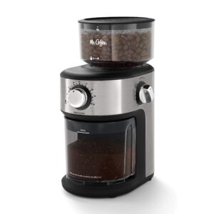 mr. coffee burr coffee grinder, automatic grinder with 18 presets for french press, drip coffee, and espresso, 18-cup capacity, stainless steel