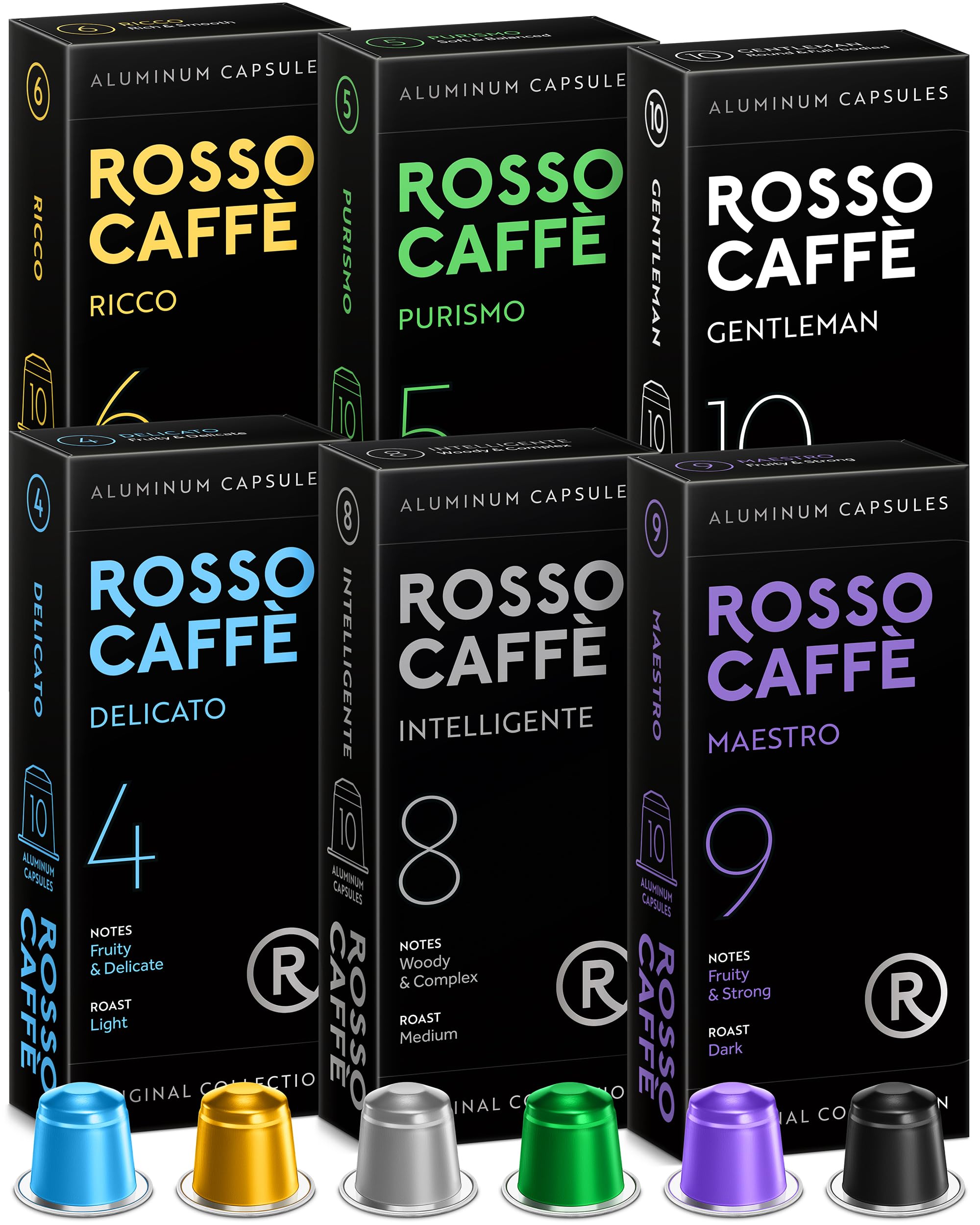 Rosso Coffee Capsules for Nespresso Original Machine - 60 Gourmet Espresso Pods Variety Pack - Compatible with Nespresso Original Line Machines (Variety 60)