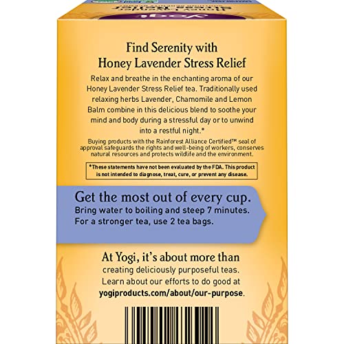 Yogi Tea Honey Lavender Stress Relief Tea - 16 Tea Bags per Pack (4 Packs) - Organic Chamomile Lavender Tea - Includes Lemon Balm, Lemongrass, Spearmint Leaf, Peppermint Leaf, Honey Flavor & More