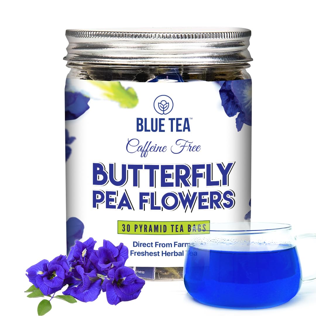 BLUE TEA - Butterfly Pea Flower - 30 Pyramid Tea Bags | For Food, Iced Tea, Cooler, Cocktails, Mocktails | Caffeine Free Herbal Tea l Gluten Free, NON-GMO