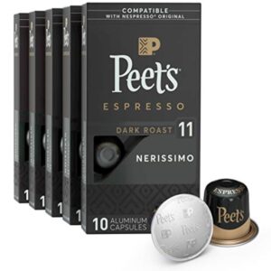 peet's coffee, dark roast espresso pods, nerissimo intensity 11, 50 count (5 boxes of 10 espresso capsules)