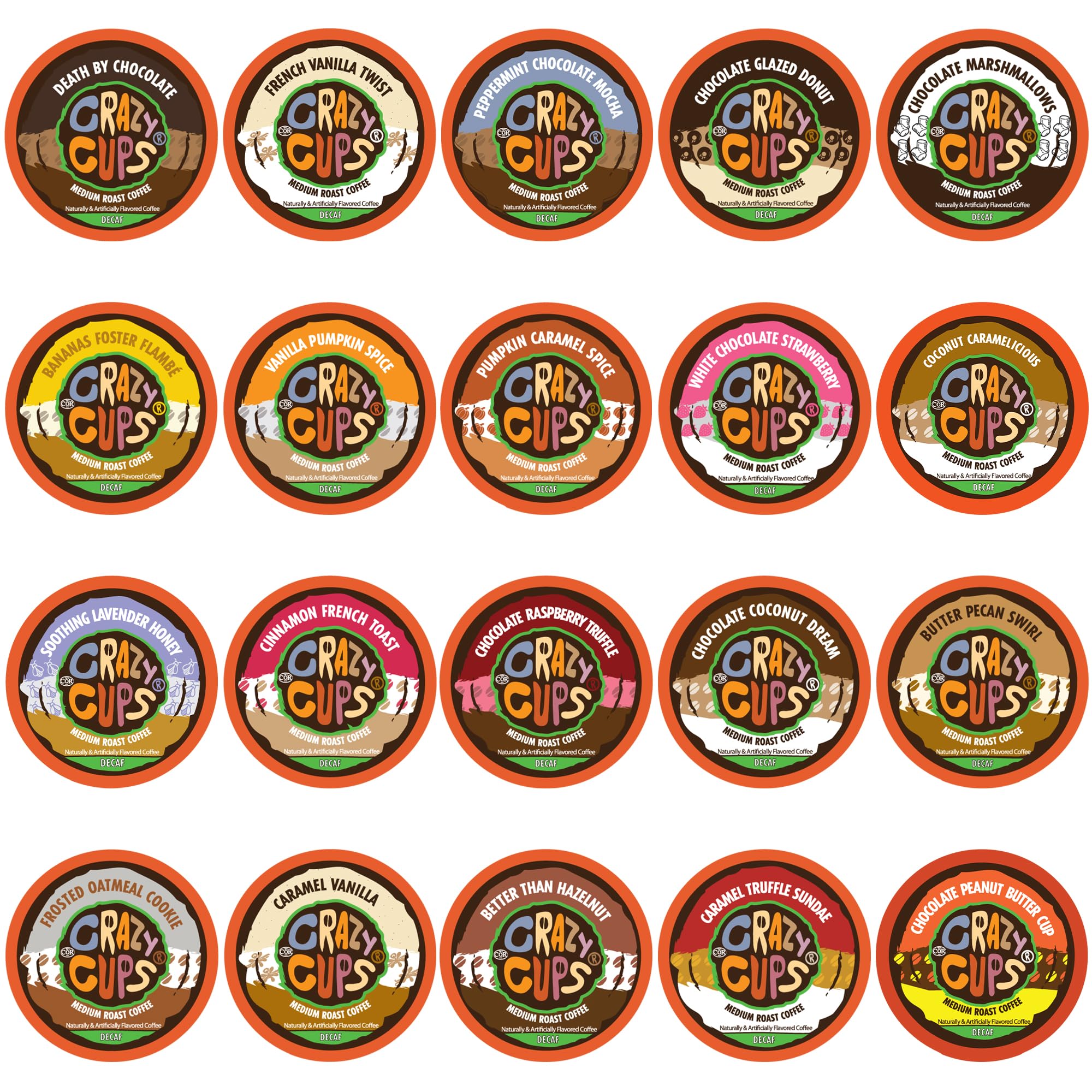 Crazy Cups Flavored Decaf Coffee Single Serve Cups For Keurig K Cup Brewer Variety Pack Sampler, 20 Count (Pack of 1)