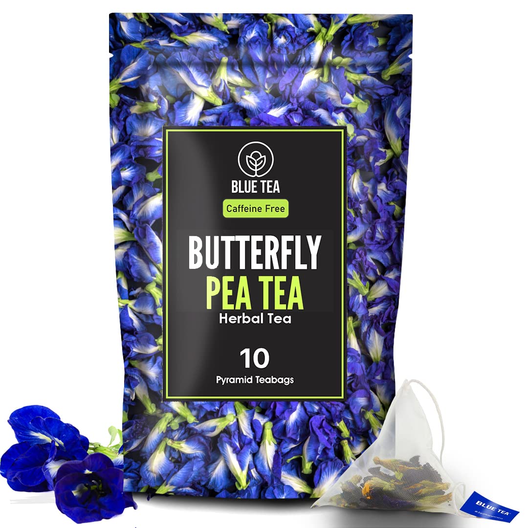 BLUE TEA - Butterfly Pea Flower Tea - 10 Tea Bags (20 Cups) | DETOX TEA | Direct From Source - Plant-Based Biodegradable Tea Bag | Makes Natural Blue, Iced Tea, Cooler, Cocktails | Premium Zipper