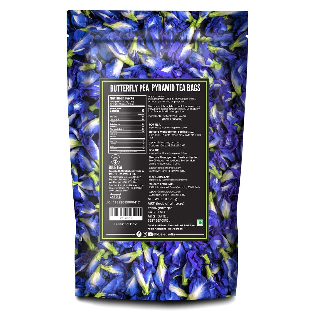 BLUE TEA - Butterfly Pea Flower Tea - 10 Tea Bags (20 Cups) | DETOX TEA | Direct From Source - Plant-Based Biodegradable Tea Bag | Makes Natural Blue, Iced Tea, Cooler, Cocktails | Premium Zipper