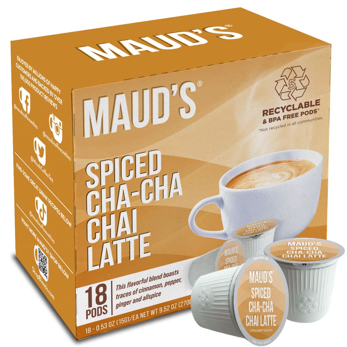 Maud's Spiced Chai Tea Latte, 18ct. Solar Energy Produced Recyclable Single Serve Tea Pods - 100% California Tea Leaves, KCup Compatible