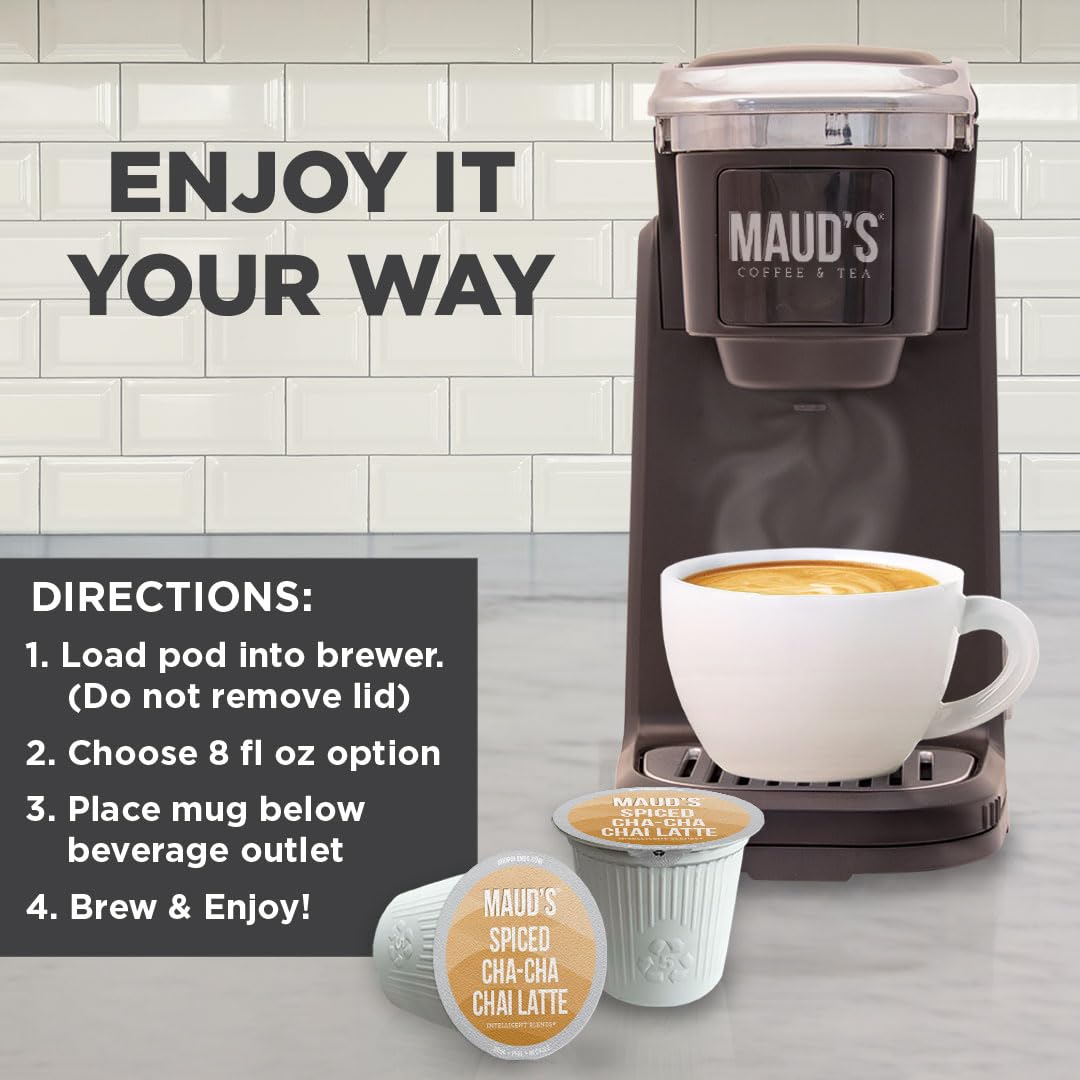 Maud's Spiced Chai Tea Latte, 18ct. Solar Energy Produced Recyclable Single Serve Tea Pods - 100% California Tea Leaves, KCup Compatible